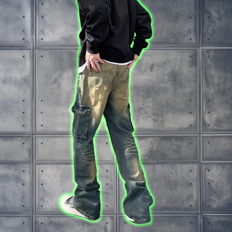 Light Blue Cargo Patchwork Stacked Jeans, Vintage Multi Pockets Jeans ...