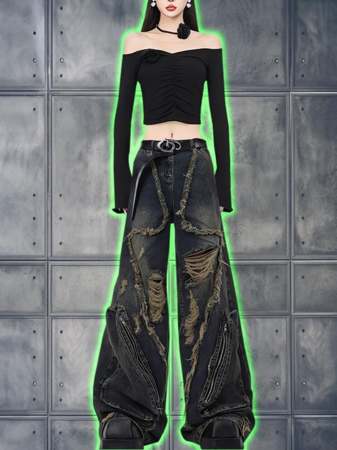 Blue Patchwork Gothic High Waist Ripped Baggy Jeans, Vintage Y2K Jeans ...