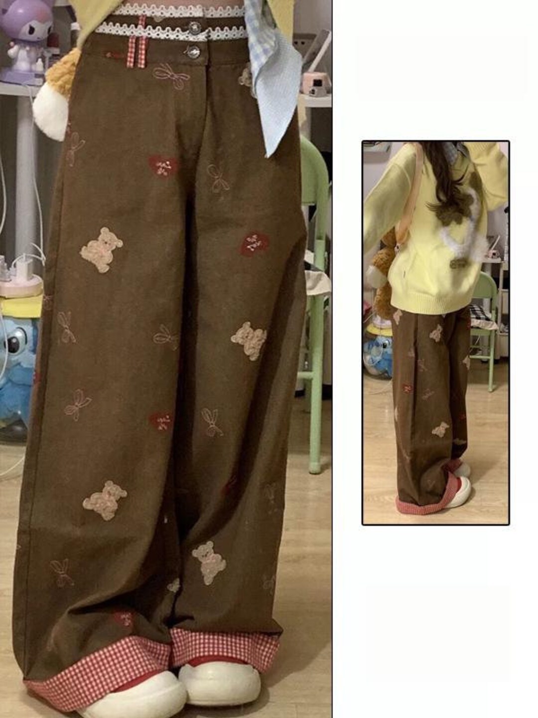 Brown Bear Cartoon Patworck Sweatpants, Embroidered Jeans for Women ...