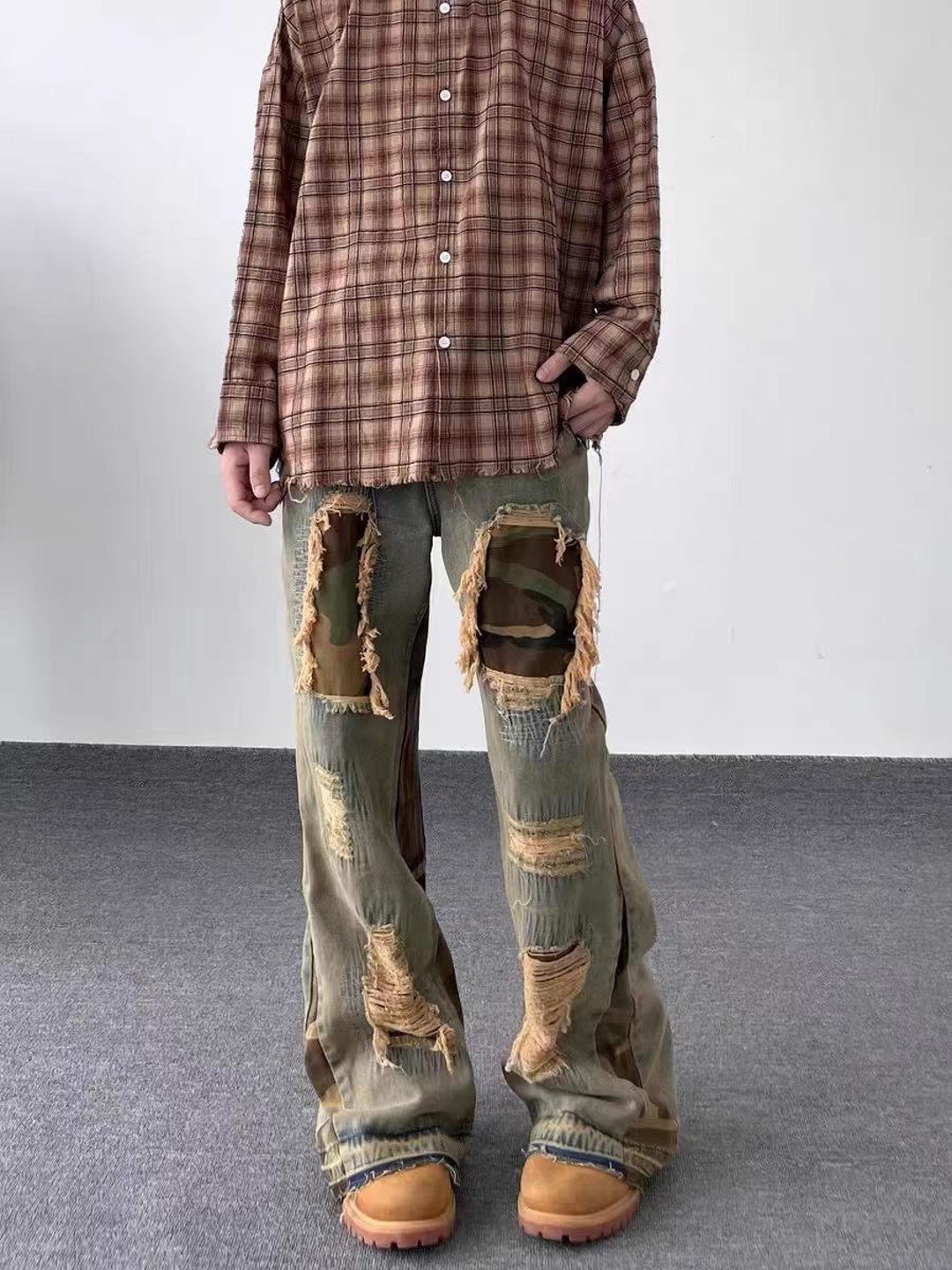 Camouflage Ripped Washed Baggy Jeans, Vintage Wash Destroyed Jeans, Emo ...