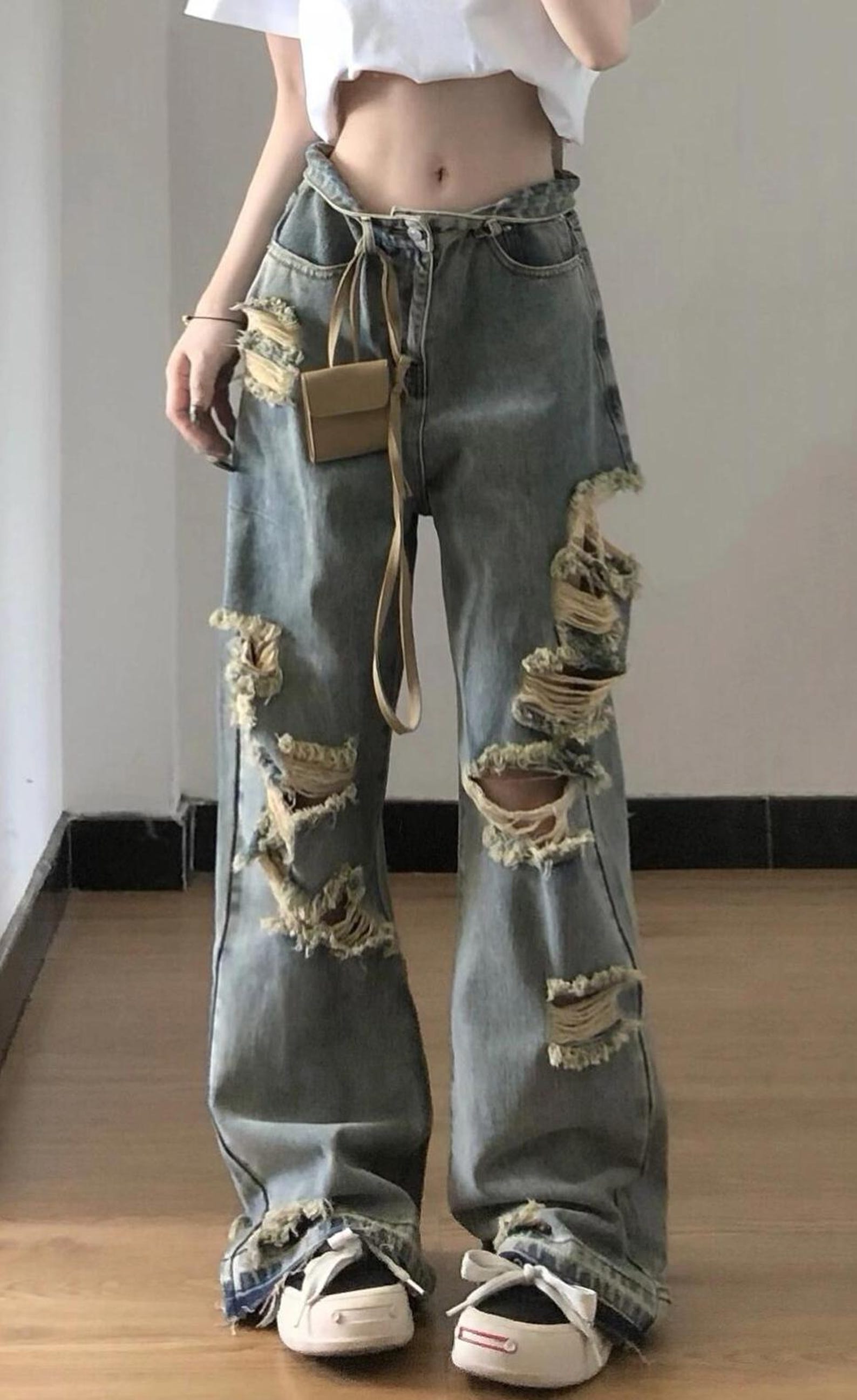 Hollow Out Ripped Jeans, Distressed Y2K Jeans, Vintage Blue Jeans, Emo ...