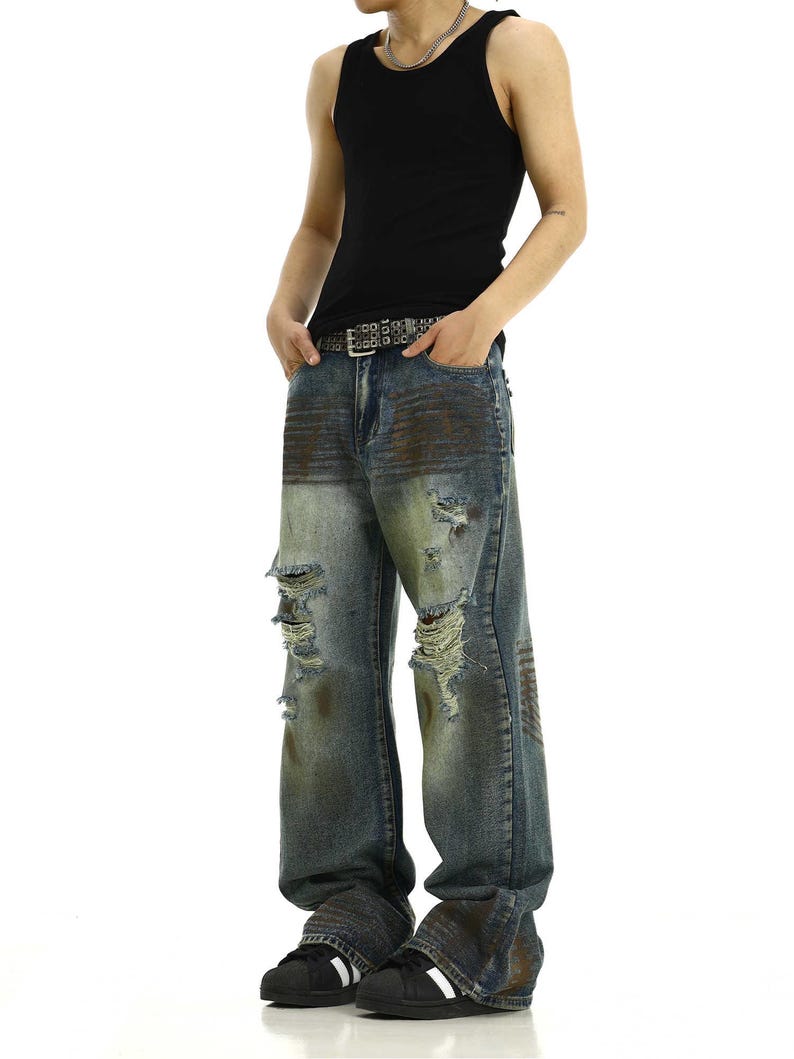 Hole Dirty Dyeing Ripped Baggy Jeans, Vintage High Waist Distressed ...