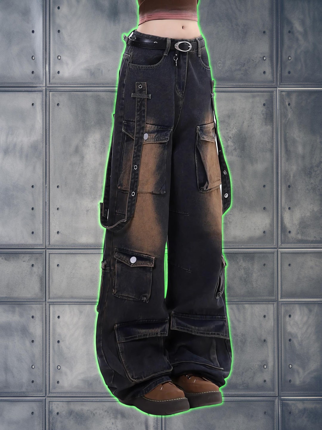 Schwarze Gothic Y2K Cargo Baggy Jeans, Vintage Wash Destroyed Jeans ...
