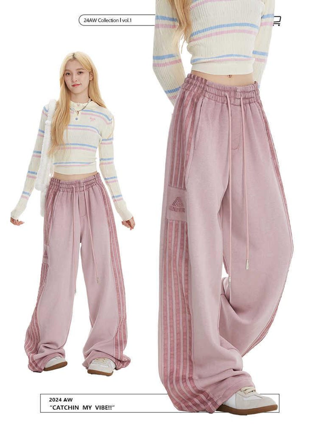 Gray/pink Fleece Lining Wide Leg Sweatpants, Retro Harajuku Baggy Sweatpants, Vintage Y2K ...