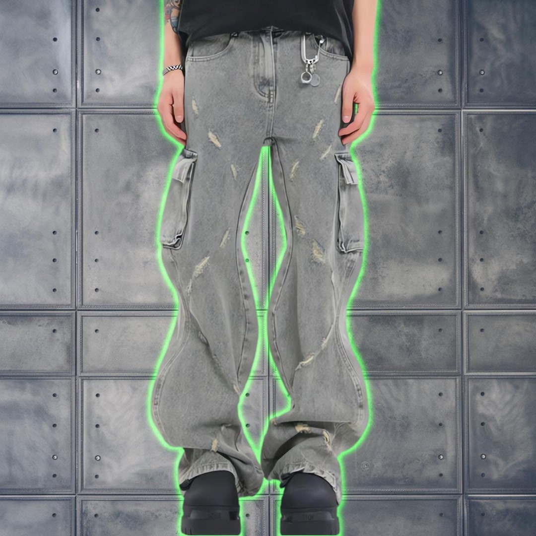Cyber Y2K Streetwear Flare Baggy Ripped Jeans , Vintage Wash Destroyed ...