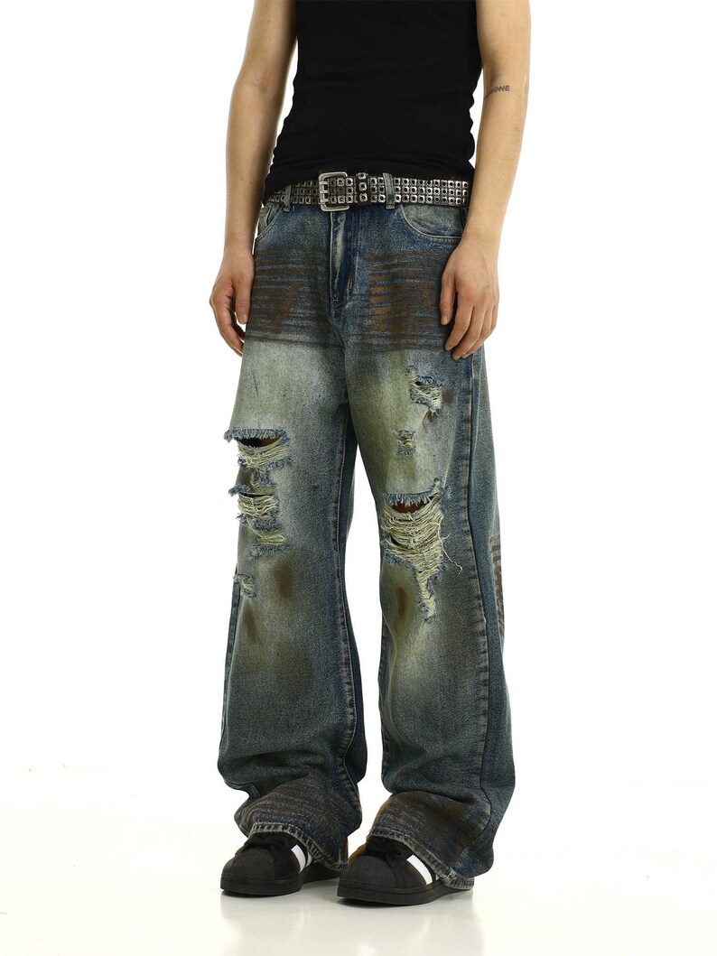 Hole Dirty Dyeing Ripped Baggy Jeans, Vintage High Waist Distressed ...