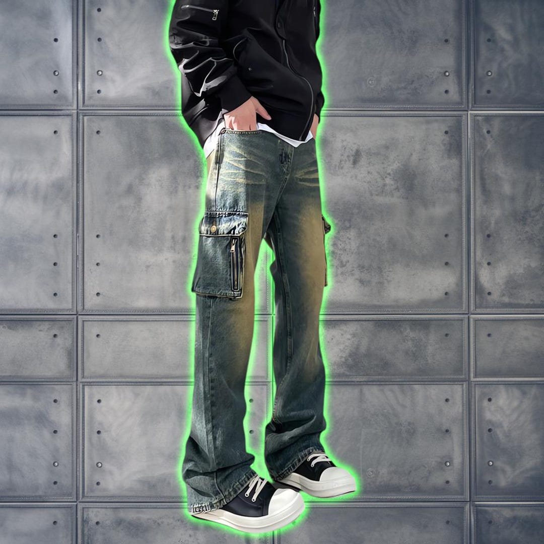 Light Blue Cargo Patchwork Stacked Jeans, Vintage Multi Pockets Jeans ...