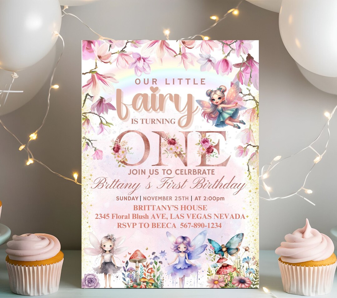 Fairy First Birthday Invitation Template, Pink Fairy Invite Template ...