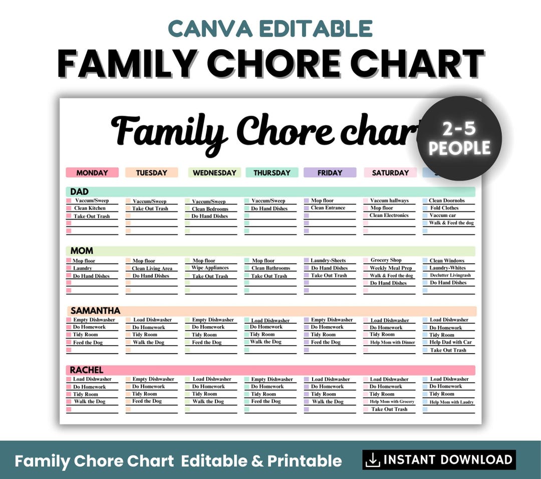 Editable Family Chore Chart, Printable Weekly Chore List, Kids & Adults ...