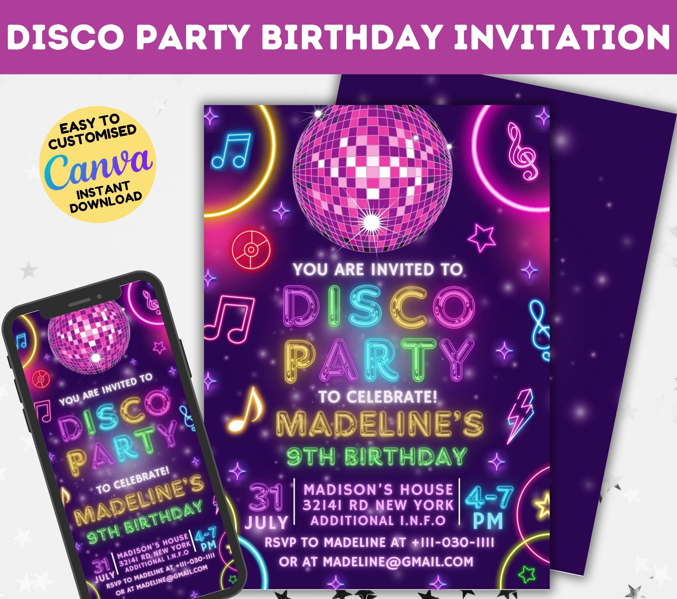 Editable Disco Party Birthday Invitation, Disco Gender Neutral Invites ...