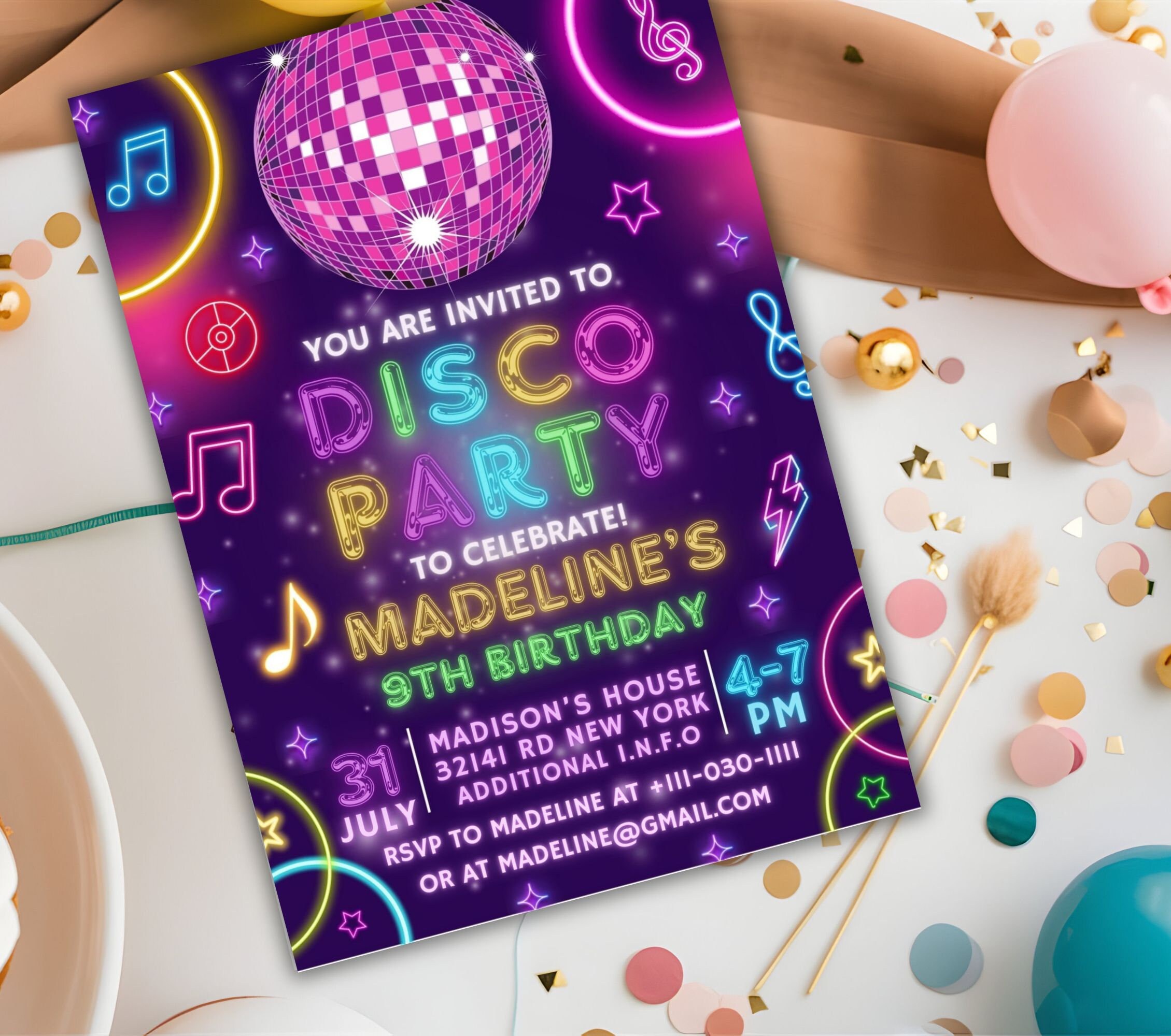 Editable Disco Party Birthday Invitation, Disco Gender Neutral Invites ...