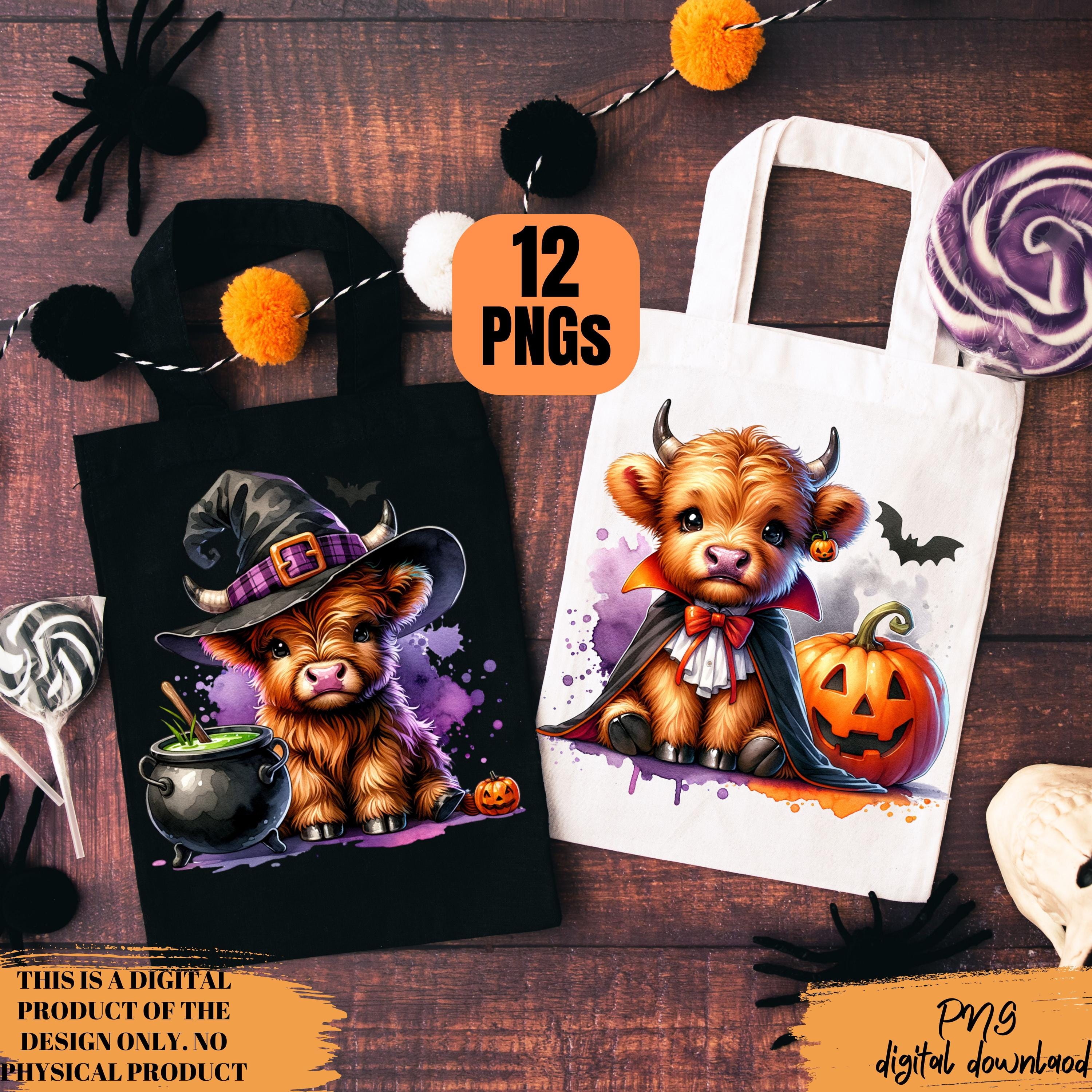 12 Halloween Highland Cow PNG Clipart Bundle, Trick or Treat Bag, Witch ...