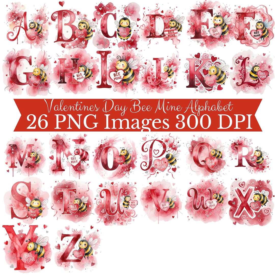 Valentines Day Alphabet PNG, Valentine BEE Mine, Valentines Doodle ...