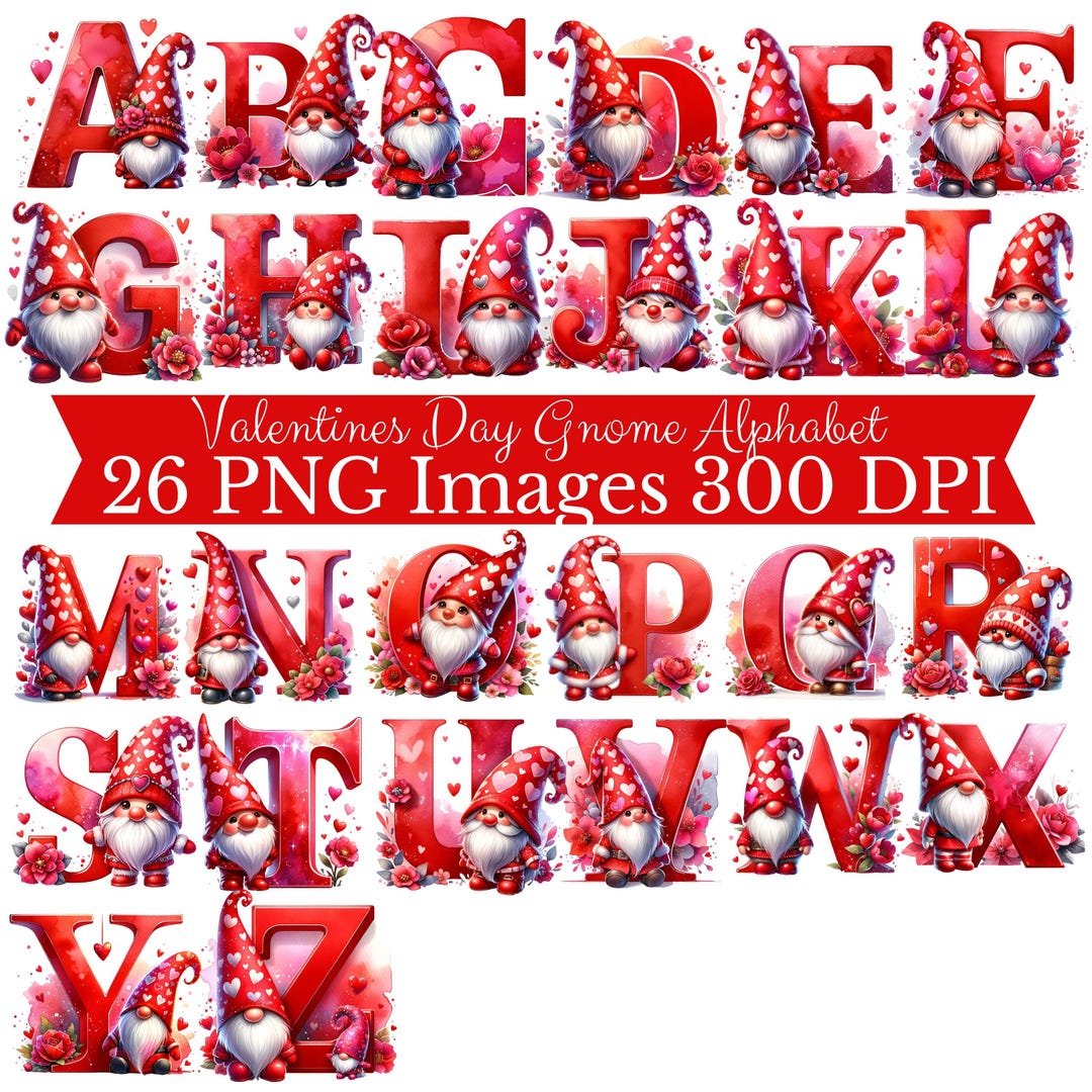 Valentines Day Alphabet PNG, Valentine Gnome, Valentines Doodle Letters ...