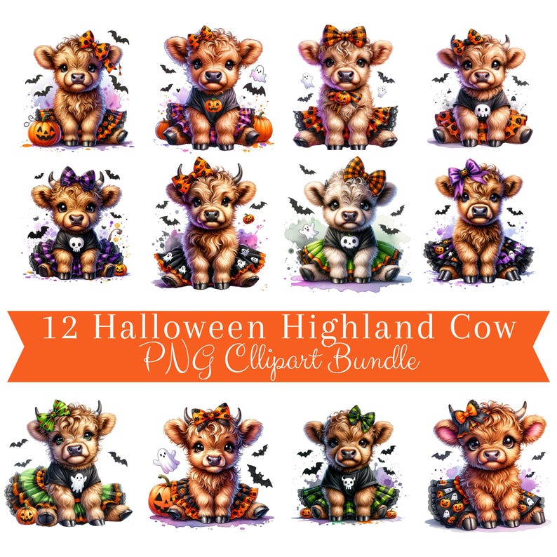 12 Halloween Highland Cow PNG Bundle, Cute Baby Cow, Cow Lover Digital ...
