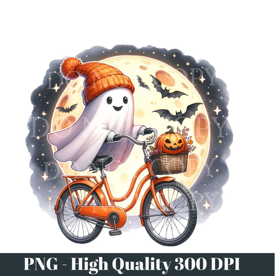 Cute Ghost on Bike Png, Boho Halloween Png, Spooky Bicycle Png, Trendy ...