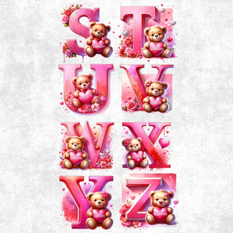 Valentines Day Alphabet PNG, Valentine Teddy, Valentines Doodle Letters ...