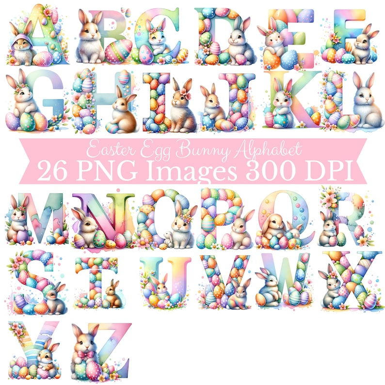 Easter Bunny Alphabet Letters PNG Bundle, Easter Bunny Clipart Digital ...