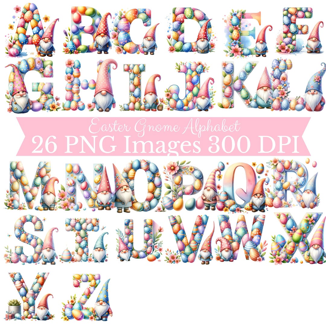 Easter Alphabet Letters PNG Bundle, Easter Gnome Clipart Digital ...