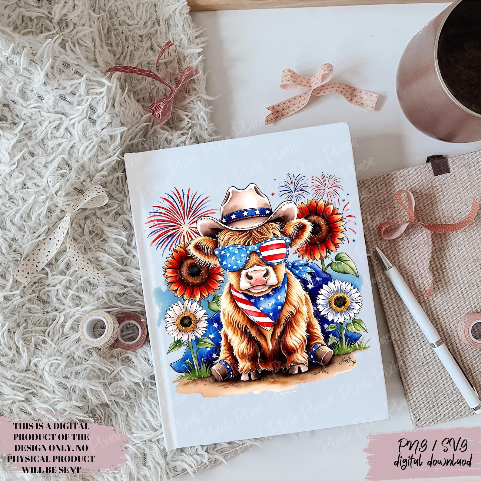 July 4th Highland Cow PNG SVG, Merica Funny Cute Baby Cow Fourth of ...