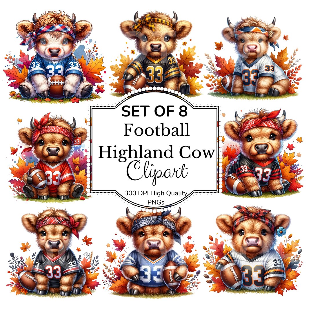 8 Fall Highland Cow PNG Bundle, Football Clipart, Red Black Football ...