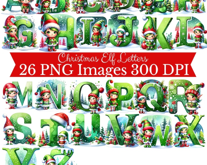 Christmas Elf Alphabet PNG: Glitter Green & Gold Letters (digital ...