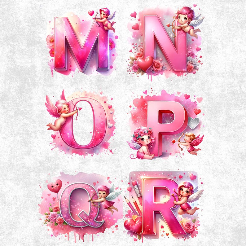 Valentines Day Alphabet PNG, Valentine Cupid Valentines Doodle Letters ...