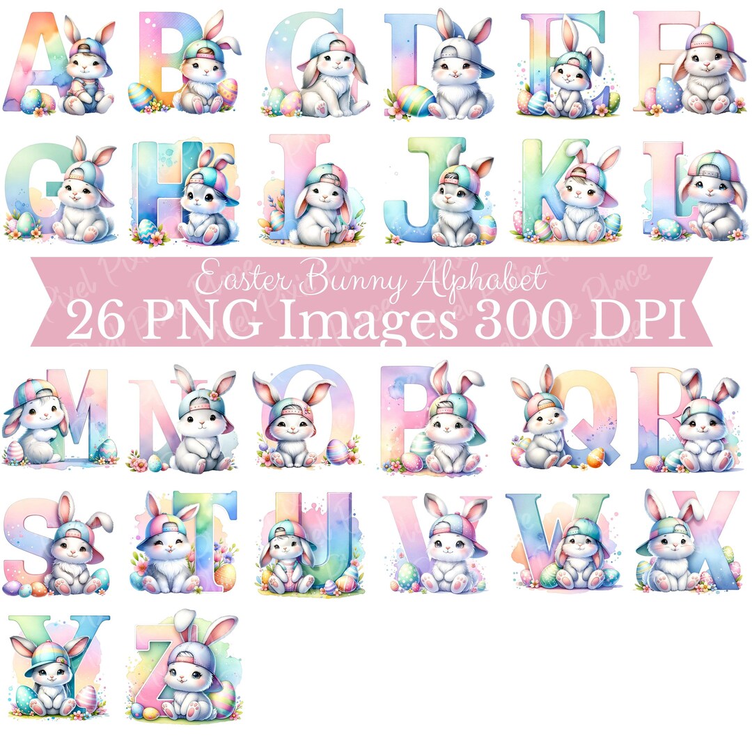 Easter Bunny Alphabet Letters PNG Bundle, Easter Bunny Clipart Digital ...