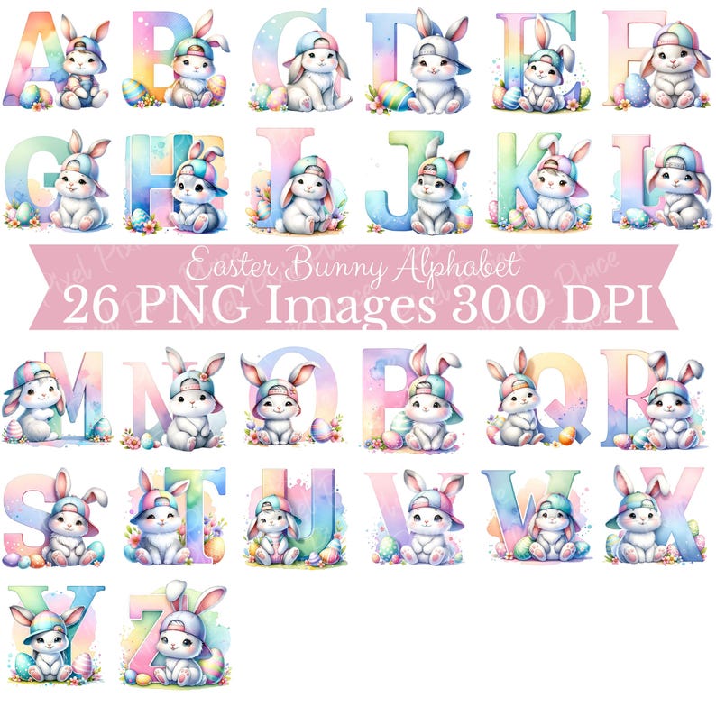 Easter Bunny Alphabet Letters PNG Bundle, Easter Bunny Clipart Digital ...