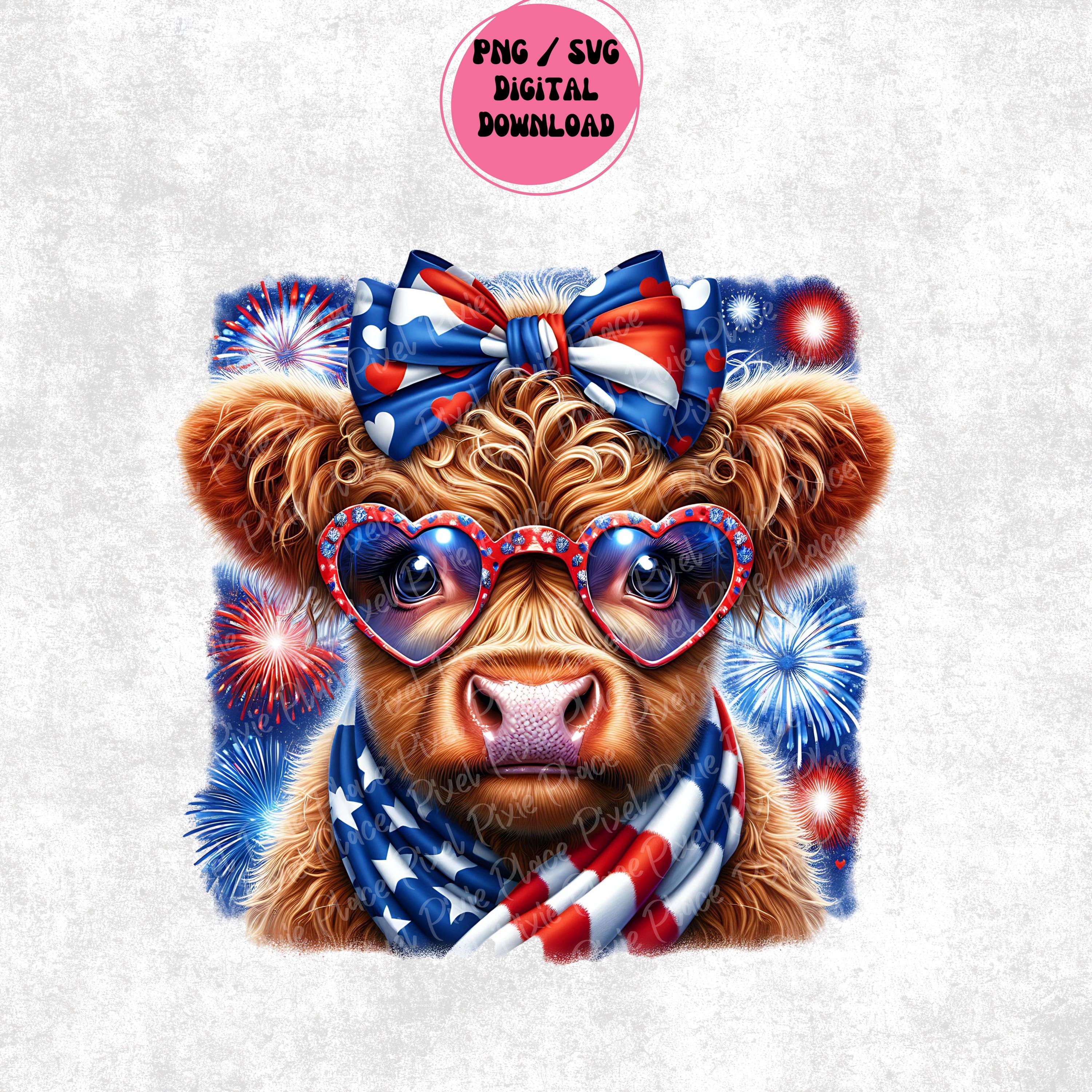 July 4th Highland Cow PNG SVG, Merica Funny Cute Baby Cow Fourth of ...