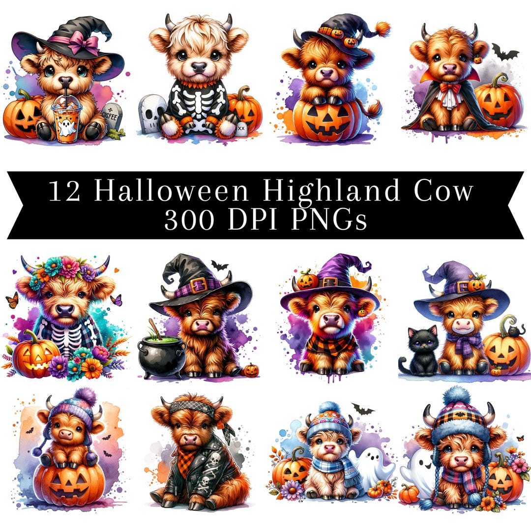 12 Halloween Highland Cow PNG Clipart Bundle, Trick or Treat Bag, Witch ...