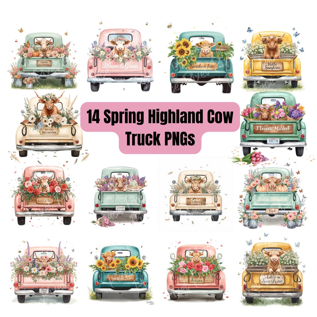 Spring Highland Cow PNG Bundle, Highland Cow Clipart, Happy Highland ...
