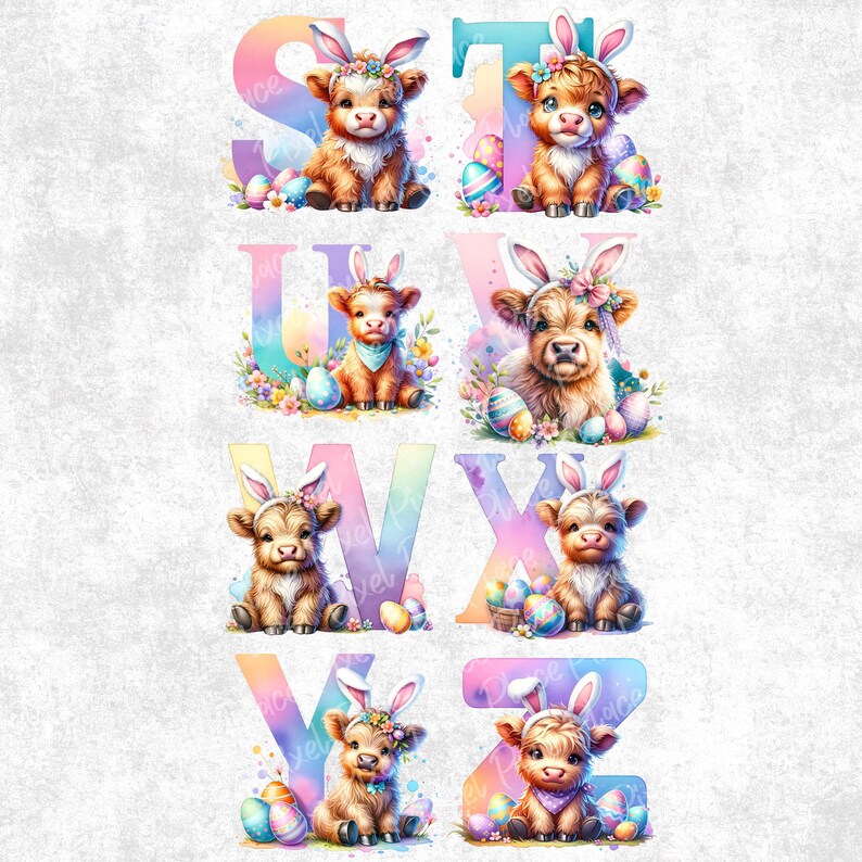Easter Highland Cow Alphabet Letters PNG Bundle, Easter Highland Cow ...