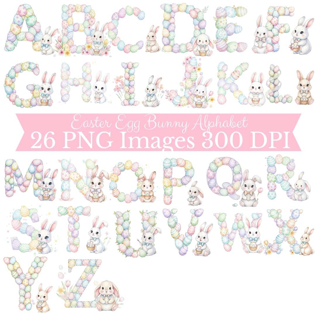Easter Bunny Alphabet Letters PNG Bundle, Easter Bunny Clipart Digital ...