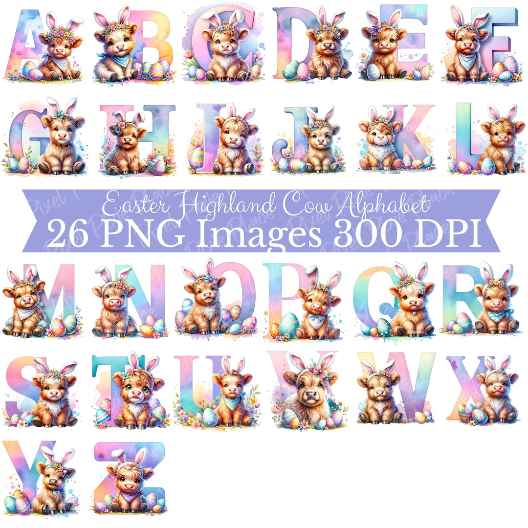 Easter Highland Cow Alphabet Letters PNG Bundle, Easter Highland Cow ...