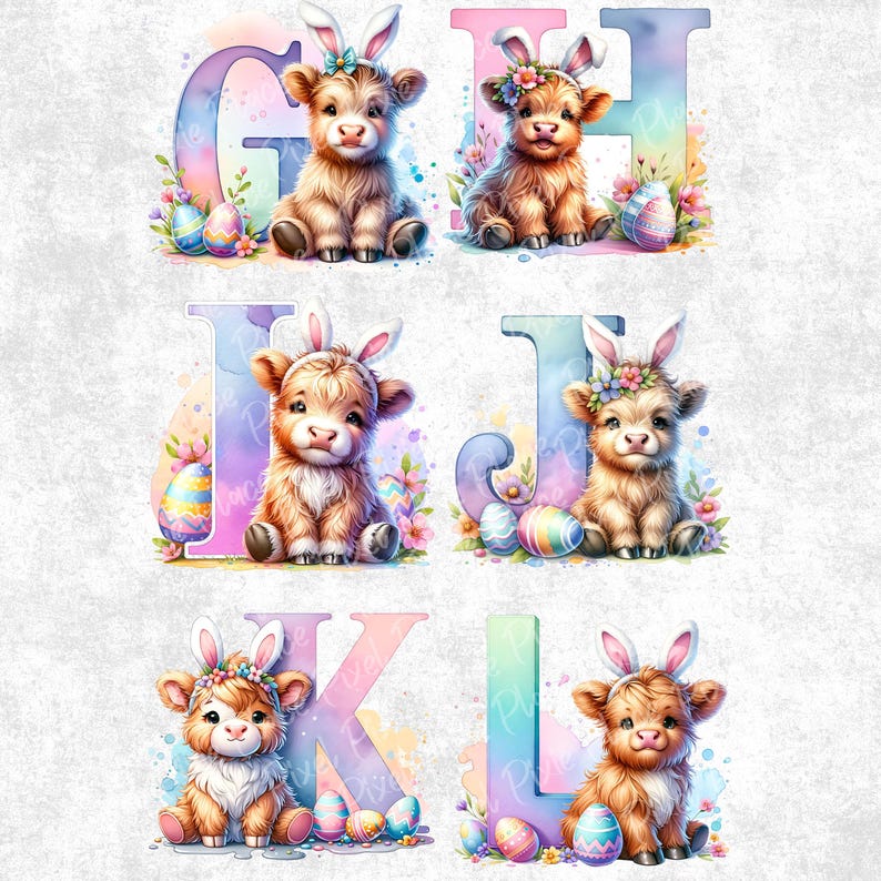 Easter Highland Cow Alphabet Letters PNG Bundle, Easter Highland Cow ...