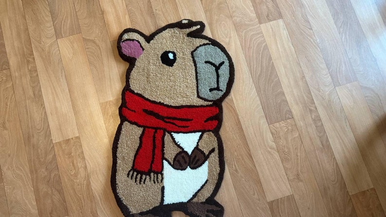 Tafted Rug, Handmade Capybara-themed Rug With Festive Red Scarf - Cozy ...