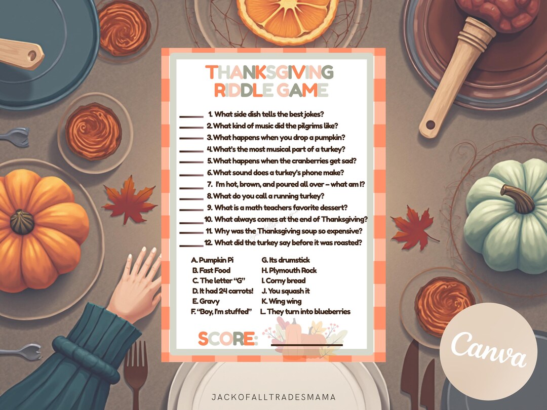 Thanksgiving Riddle Game: Turkey Day Family Activity (instant Download ...