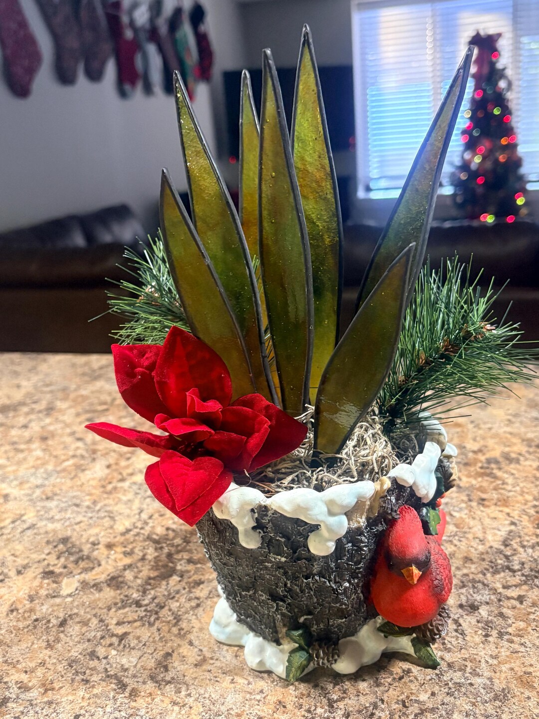 XL Stained Glass Snake Plant Winter Cardinal Planter - Etsy