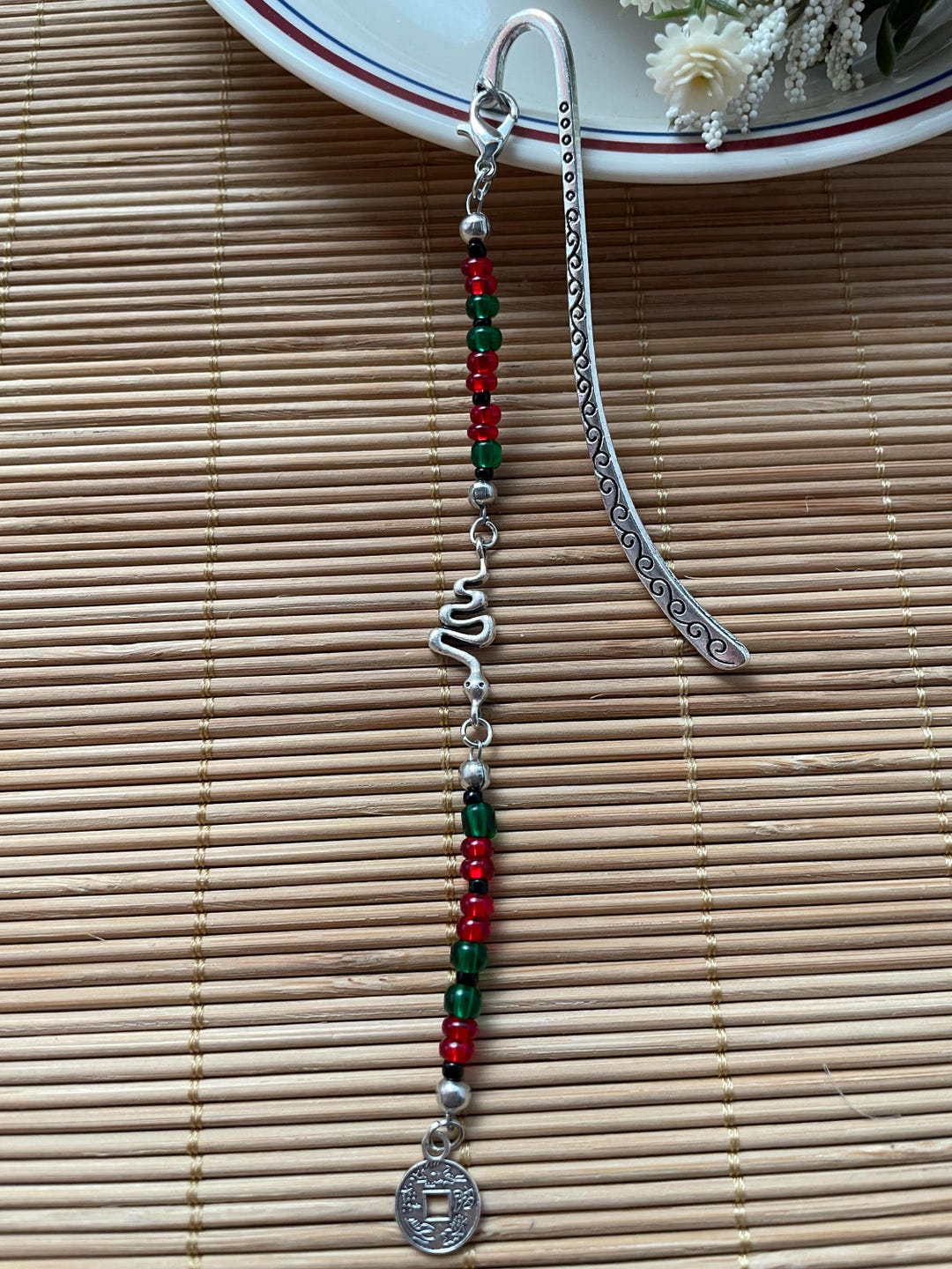 Bookhook Bookmark With Dangle Using Red and Green Glass Beads. Snake ...