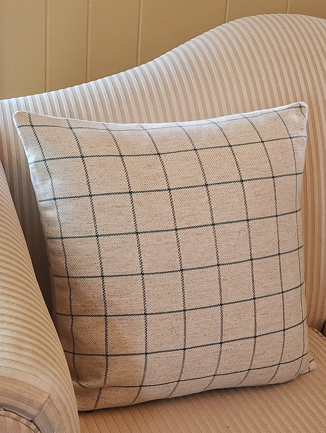 Pillow Cover in Oatmeal and Blue Windowpane Linen Weave Exposed ...