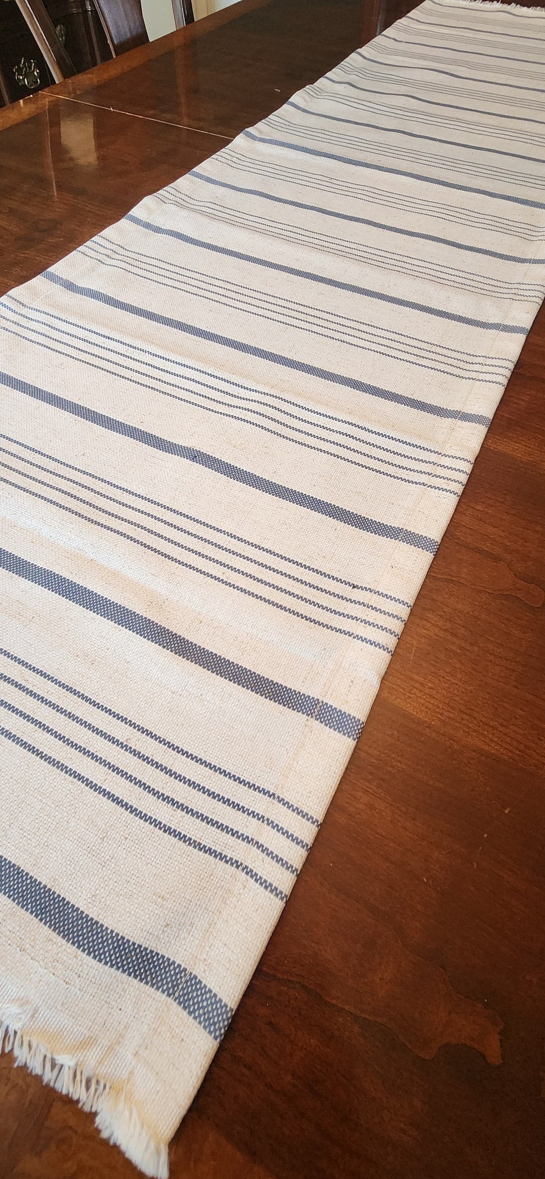 Woven Table Runner Blue and Ivory Stripe Fringed Ends Woven Cotton 16 X ...