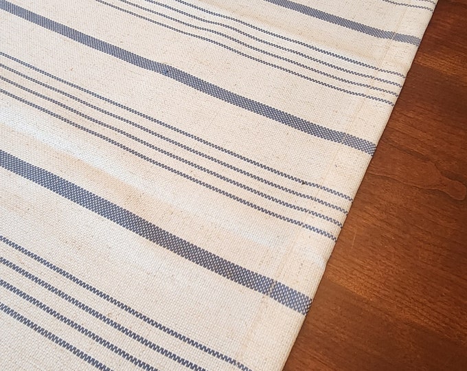 Woven Table Runner Blue and Ivory Stripe Fringed Ends Woven Cotton 16 X ...