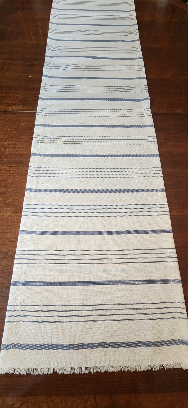 Woven Table Runner Blue and Ivory Stripe Fringed Ends Woven Cotton 16 X ...