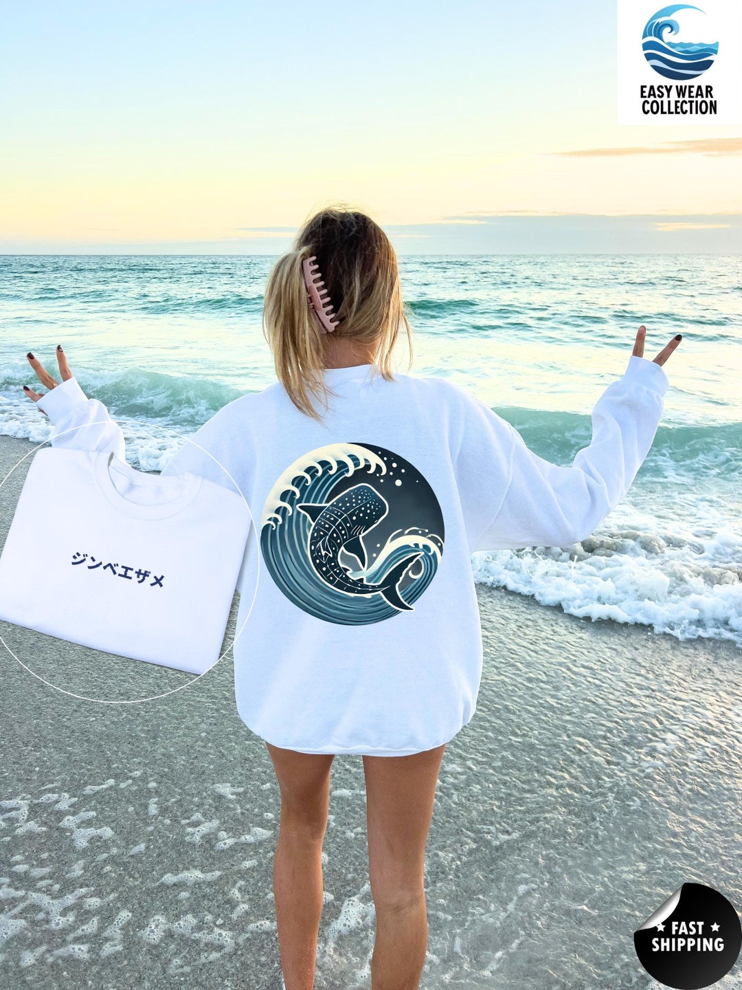 Japanese Whale Shark Wave Sweatshirt, Ocean Marine Art, Sea Lover Gift ...