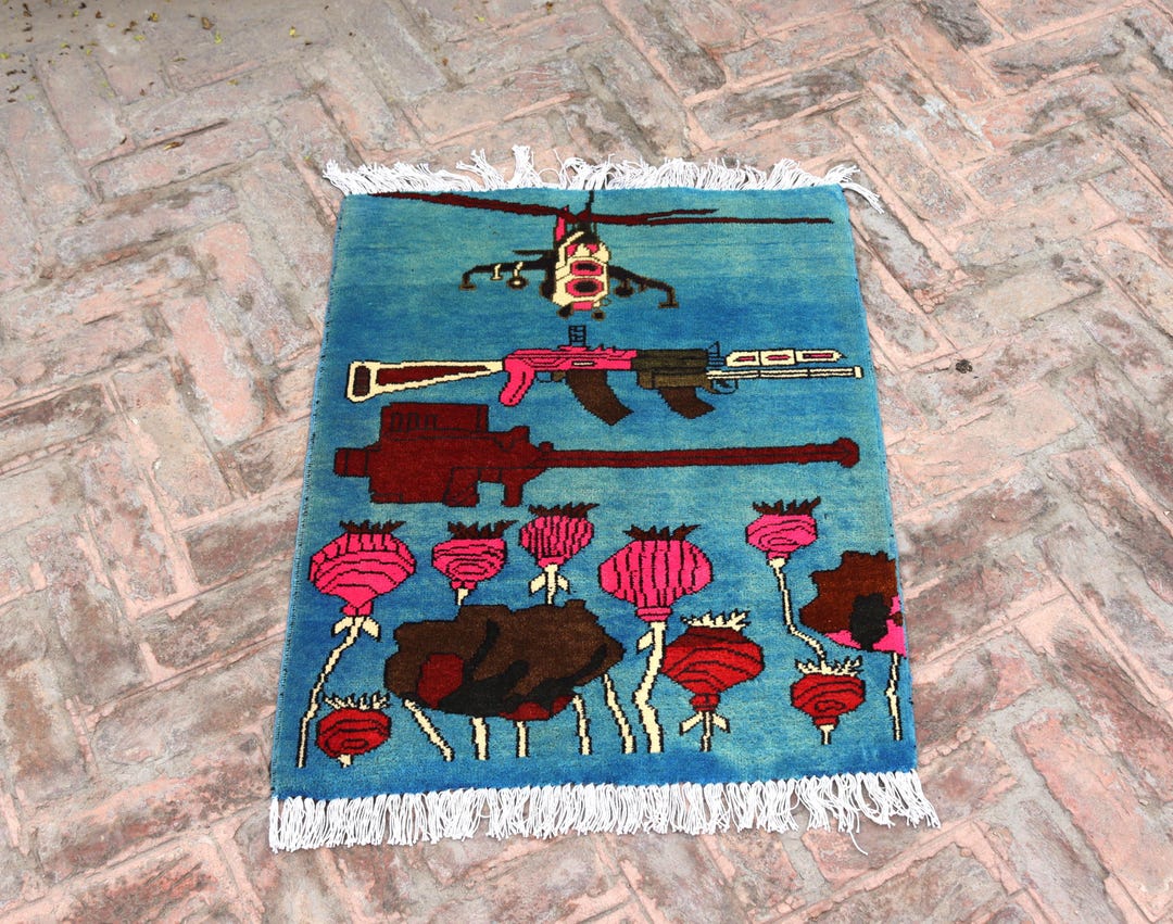 Handmade Afghan War Rug Blue Background With Poppy & Weapon Motifs 82 X ...