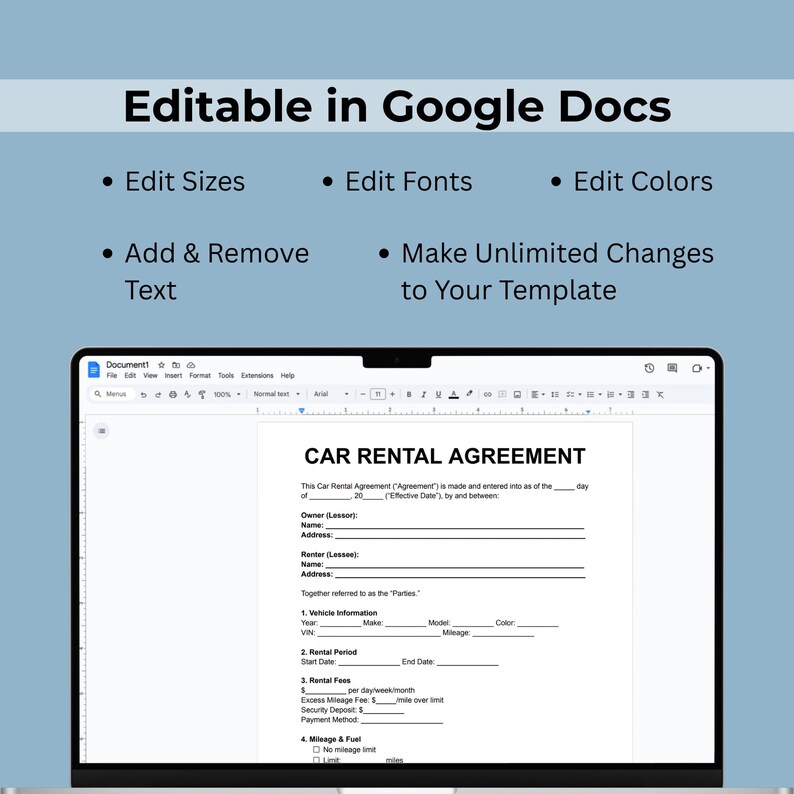 Printable Car Rental Agreement Template. One Page Car Rental Lease ...