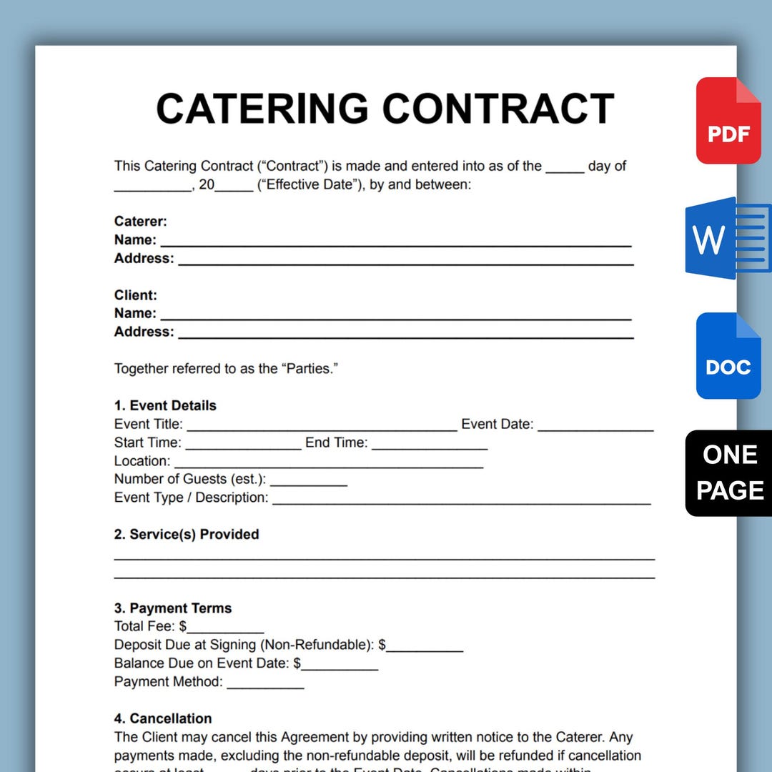Printable Catering Contract Template. One Page Catering Service ...