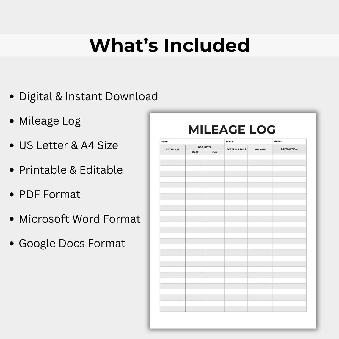 Printable Mileage Log Template – Car Mileage Sheet – Business Mileage ...