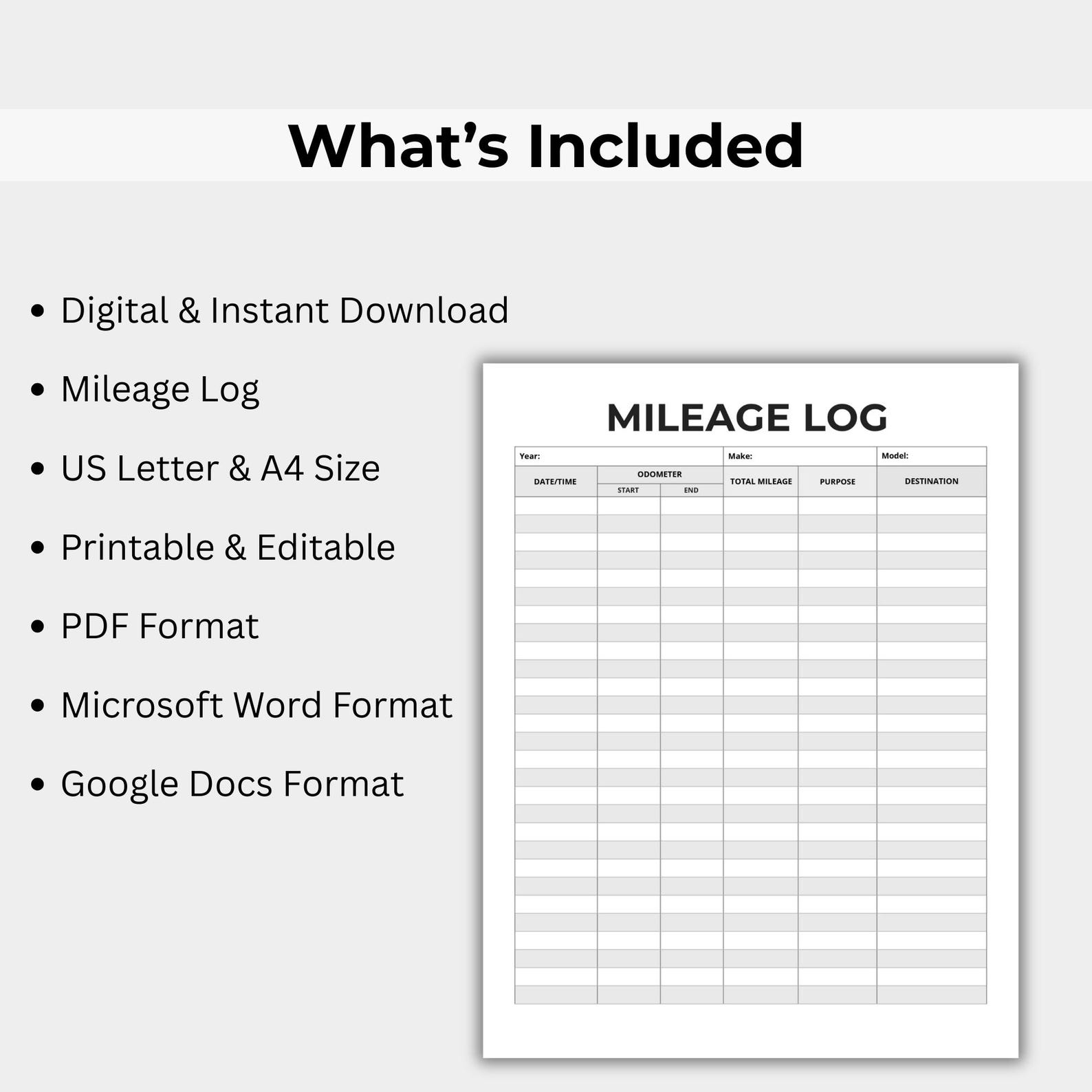 Printable Mileage Log Template – Car Mileage Sheet – Business Mileage ...